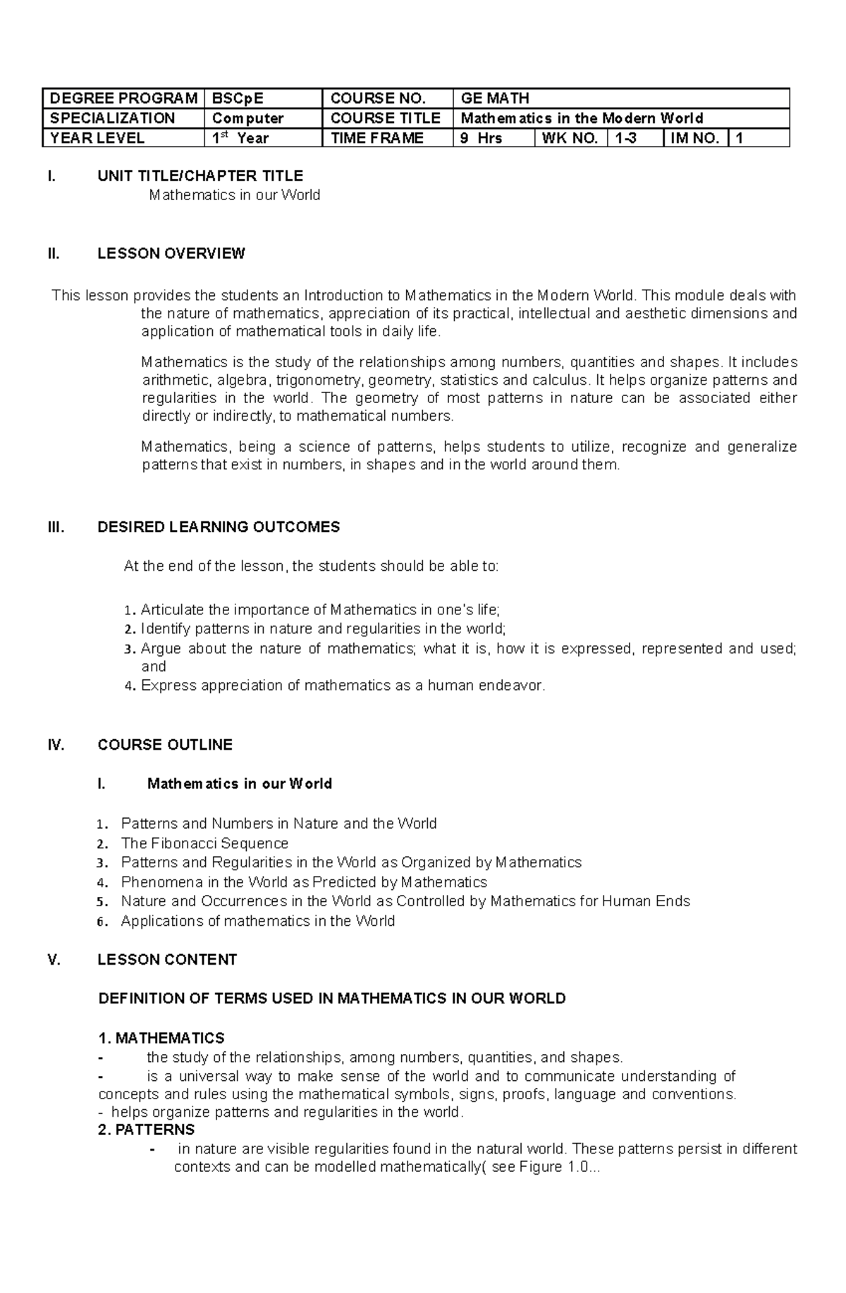 Math-module-Ch1 - MATHEMATICS IN THE MODERN WORLD NOTES - DEGREE ...