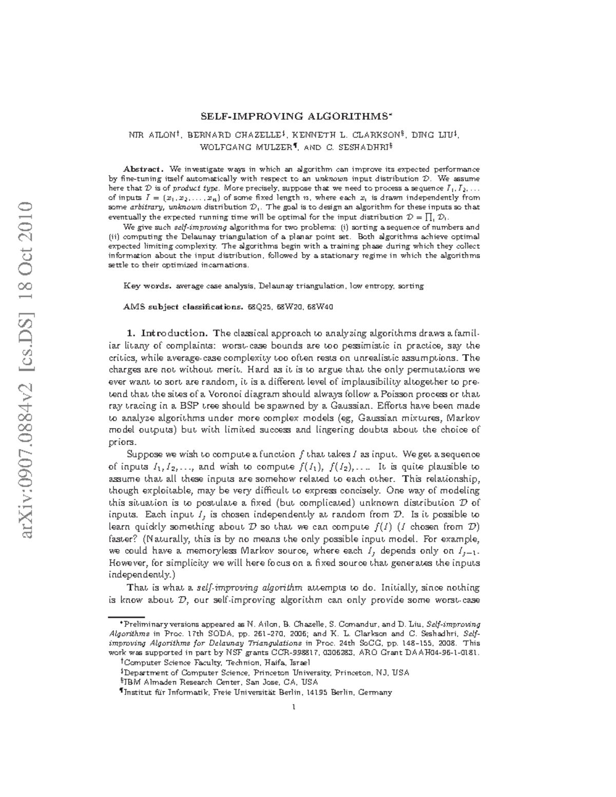 0907 - Prof is Naveen Garg - arXiv:0907 [cs] 18 Oct 2010 SELF-IMPROVING ALGORITHMS∗ NIR AILON ...