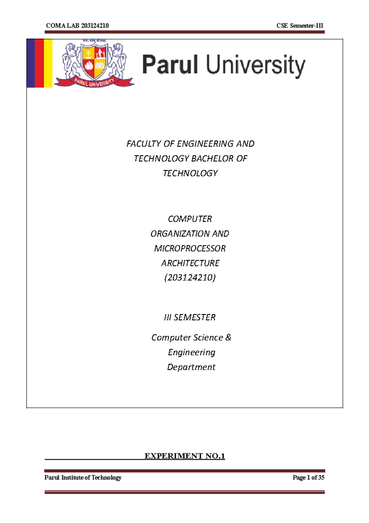 COMA LAB Manuel( DEMO FILE) - FACULTY OF ENGINEERING AND TECHNOLOGY BACHELOR OF TECHNOLOGY ...