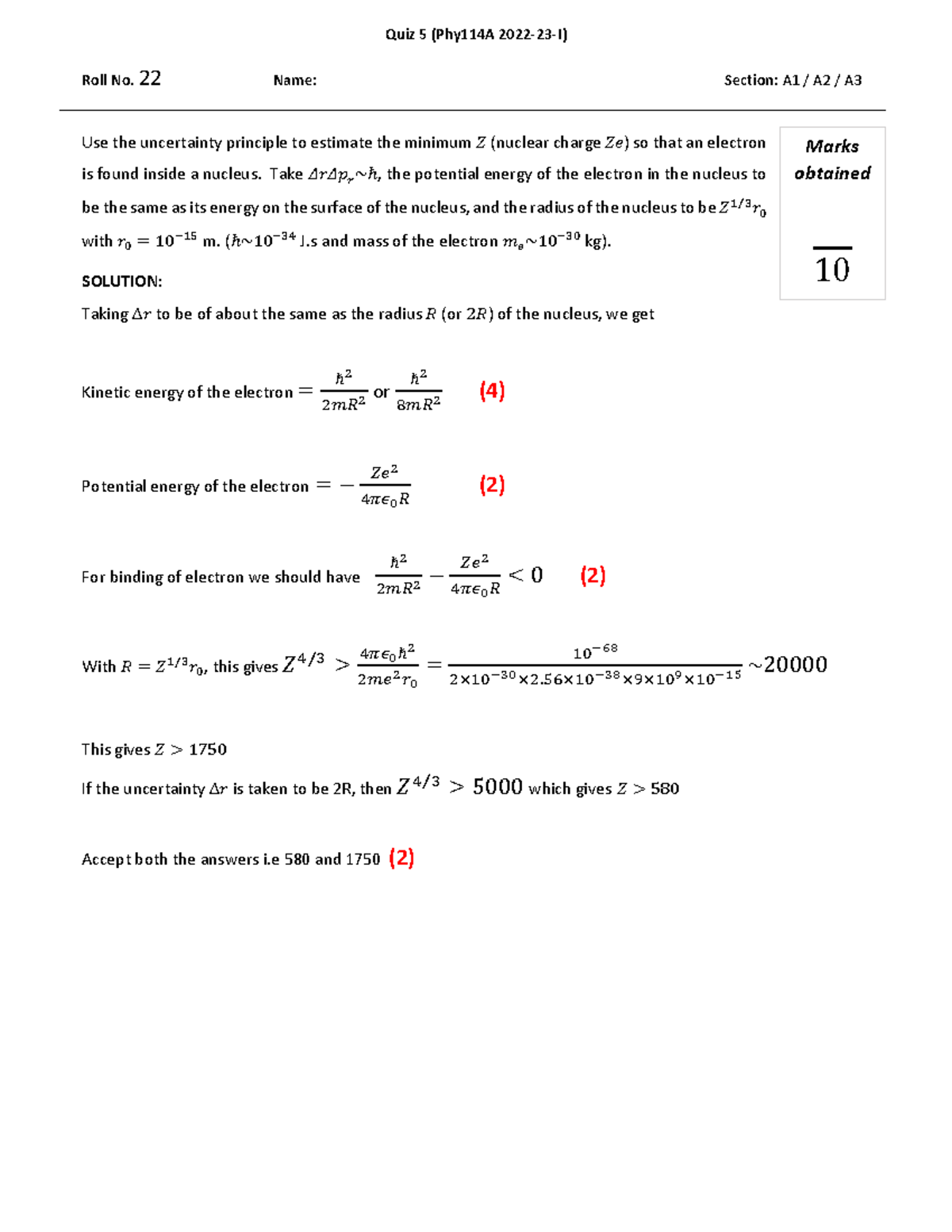 Quiz 5 - This will help in quantum mechanics. - Quiz 5 (Phy114A 2022‐23 ...
