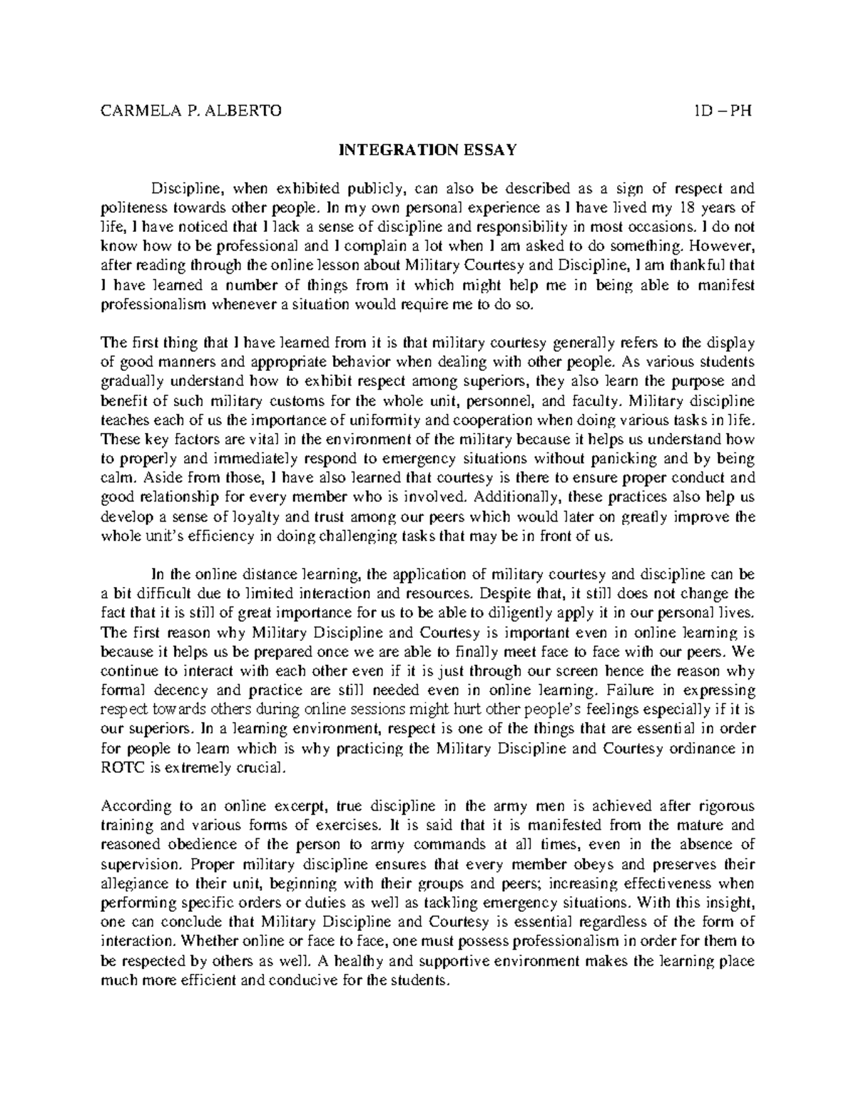 Alberto - Integration Essay - CARMELA P. ALBERTO 1D – PH INTEGRATION ...