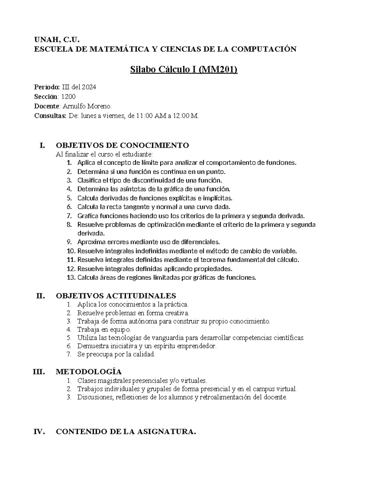Silabo DE Cálculo I (MM201), III- Periodo 2024 - UNAH, C. ESCUELA DE MATEMÁTICA Y CIENCIAS DE LA ...