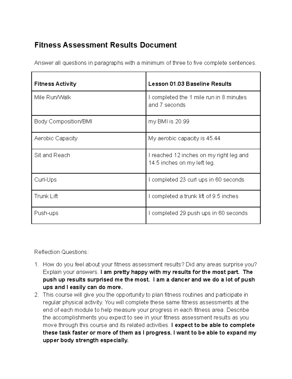 Fitness assessment results module 1 results - Fitness Assessment ...