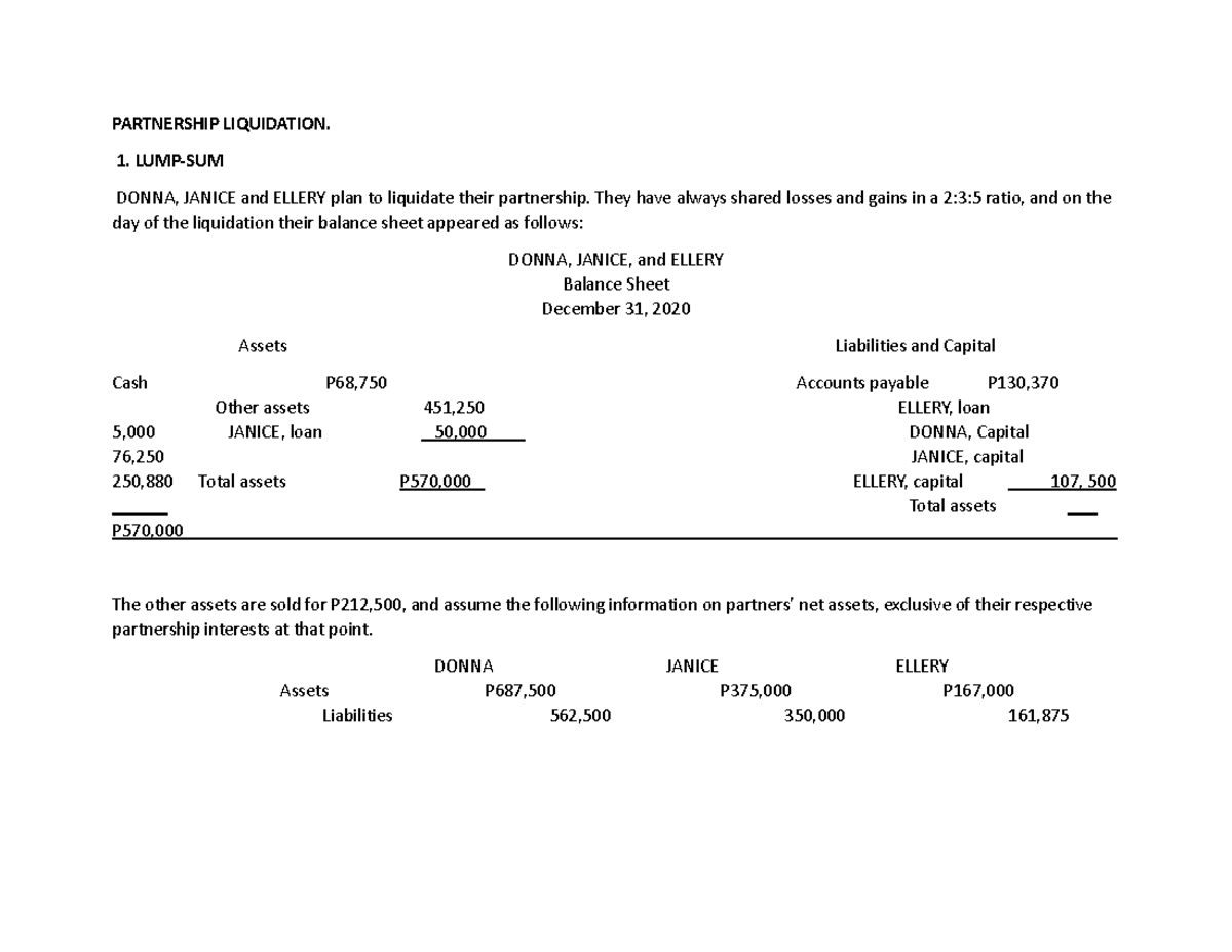 Partnership Liquidation Answers - PARTNERSHIP LIQUIDATION. 1. LUMP-SUM ...