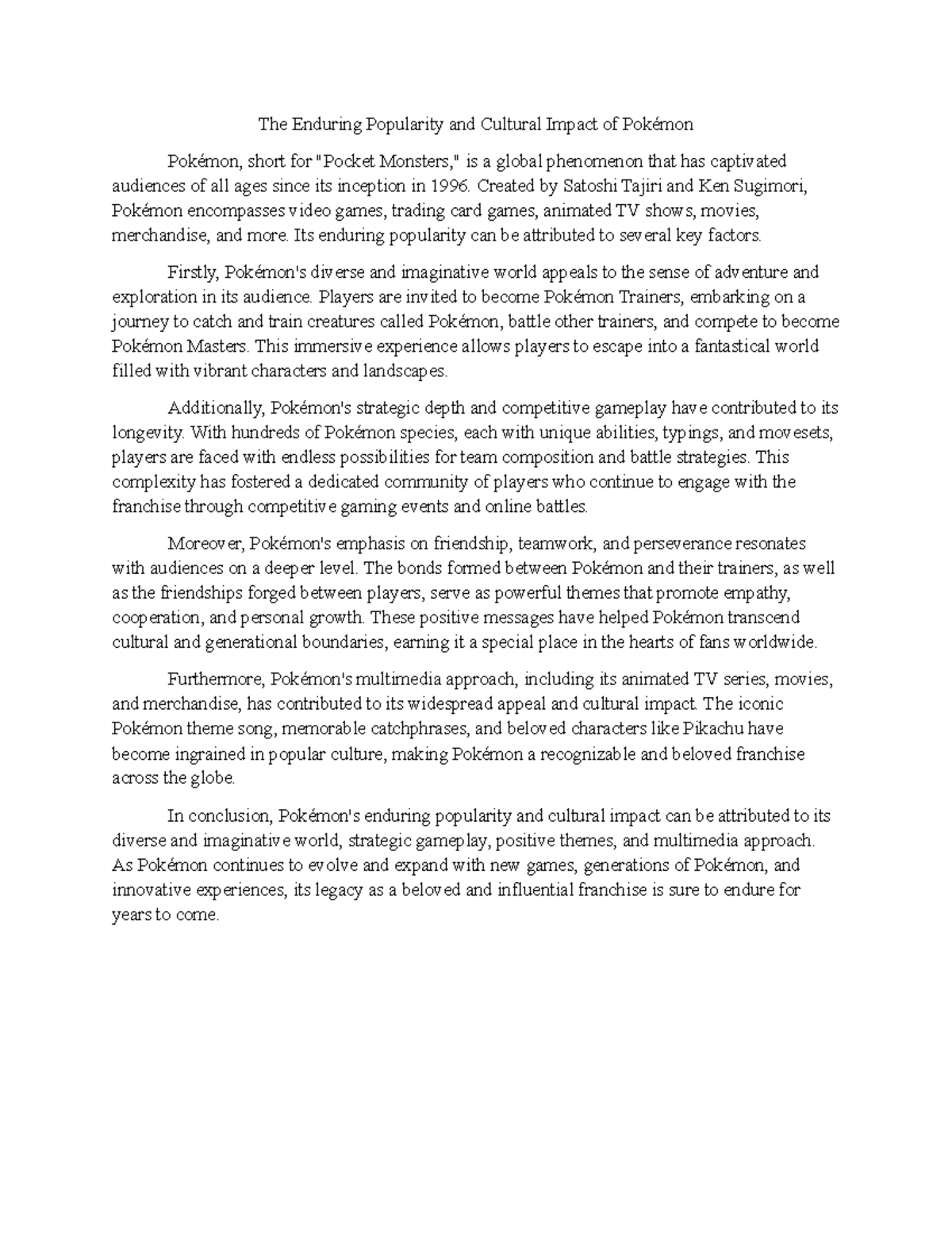 Pokemon (practice) essay - The Enduring Popularity and Cultural Impact ...