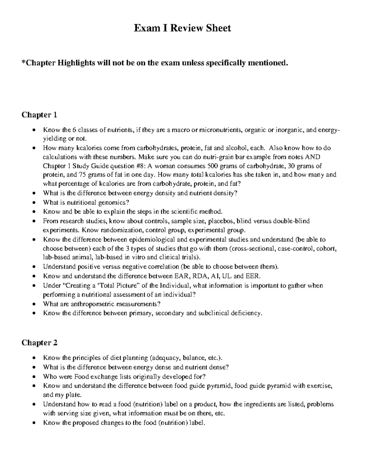 Exam I Review Sheet-1 - Exam I Review Sheet *Chapter Highlights will ...