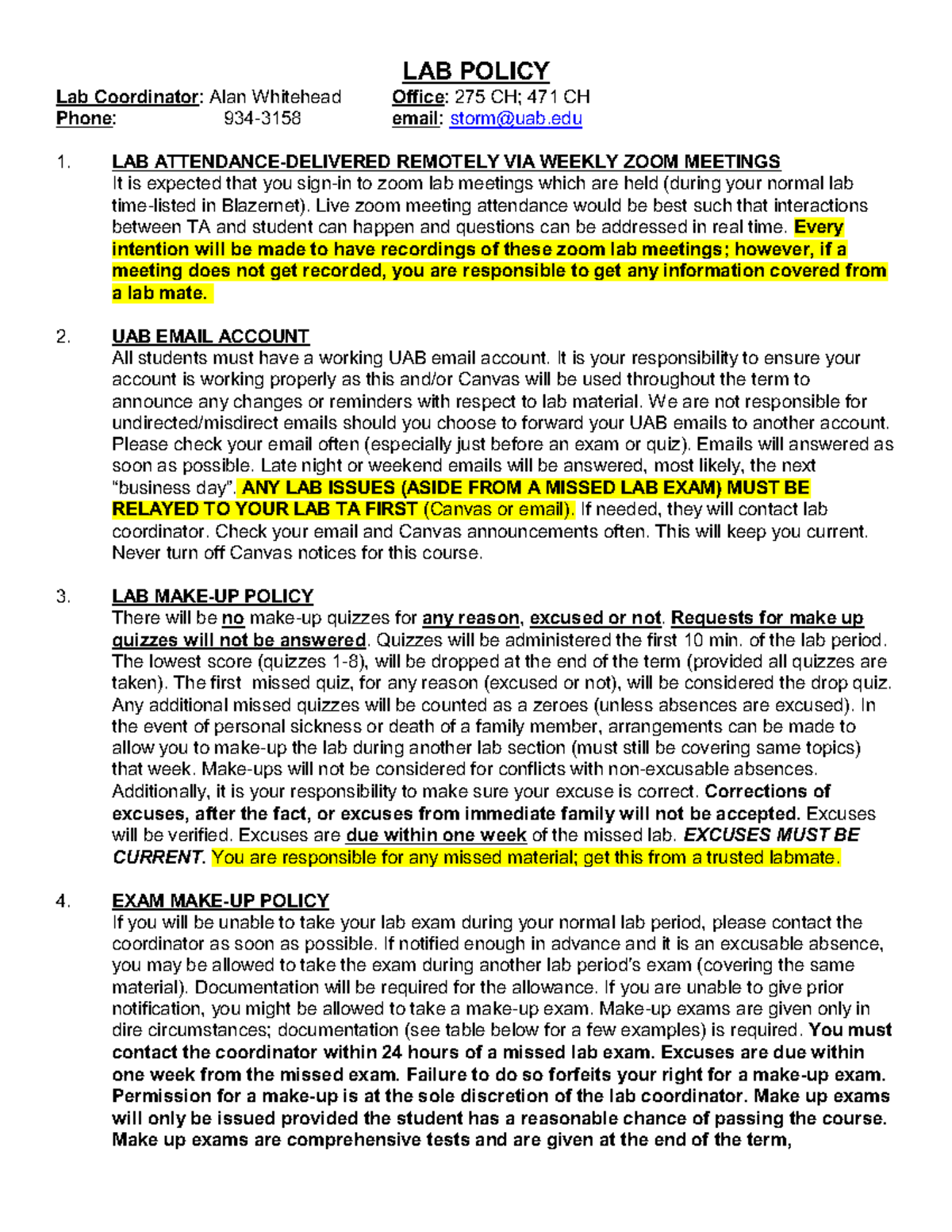 LAB Policy- Online-SP2021 - LAB POLICY Lab Coordinator : Alan Whitehead ...