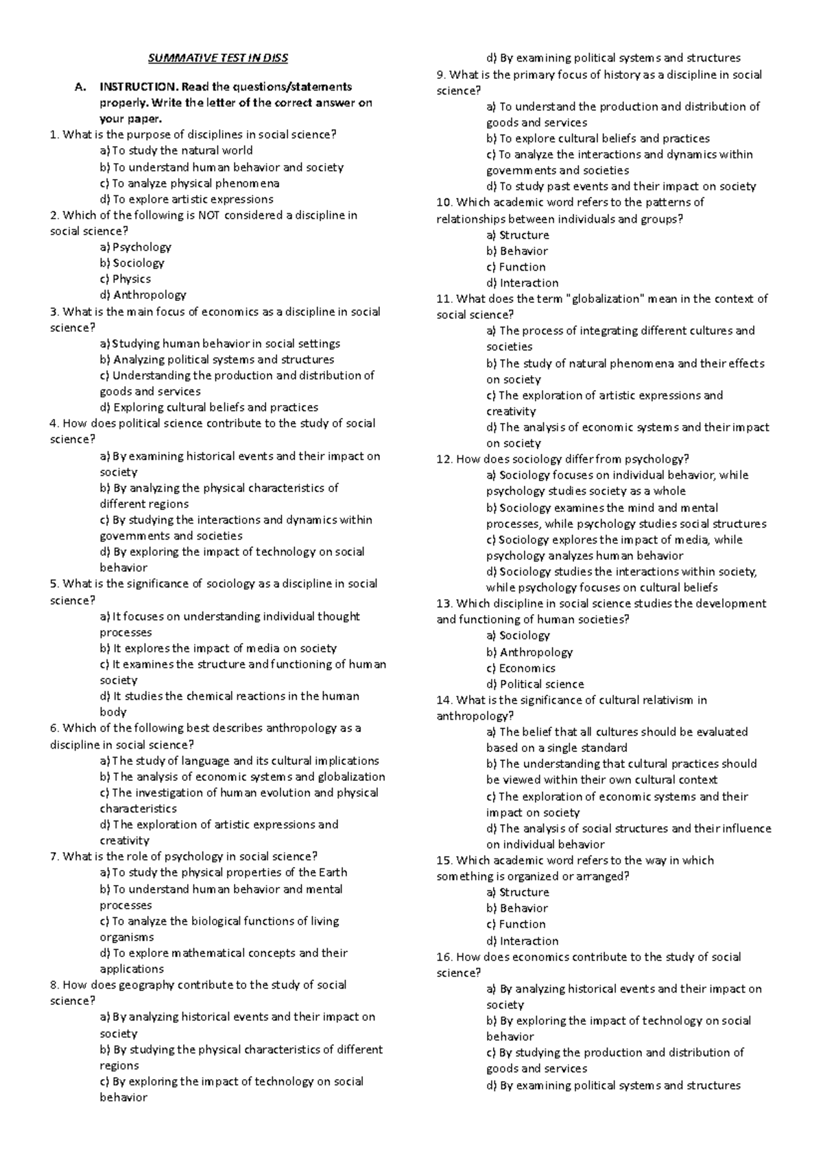 Summative TEST IN DISS - SUMMATIVE TEST IN DISS A. INSTRUCTION. Read ...
