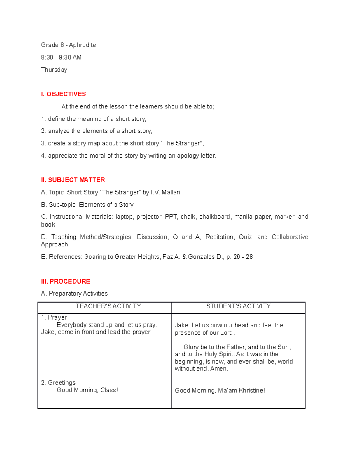 Grade 8 - Lesson Plan - Grade 8 - Aphrodite 8:30 - 9:30 AM Thursday I ...