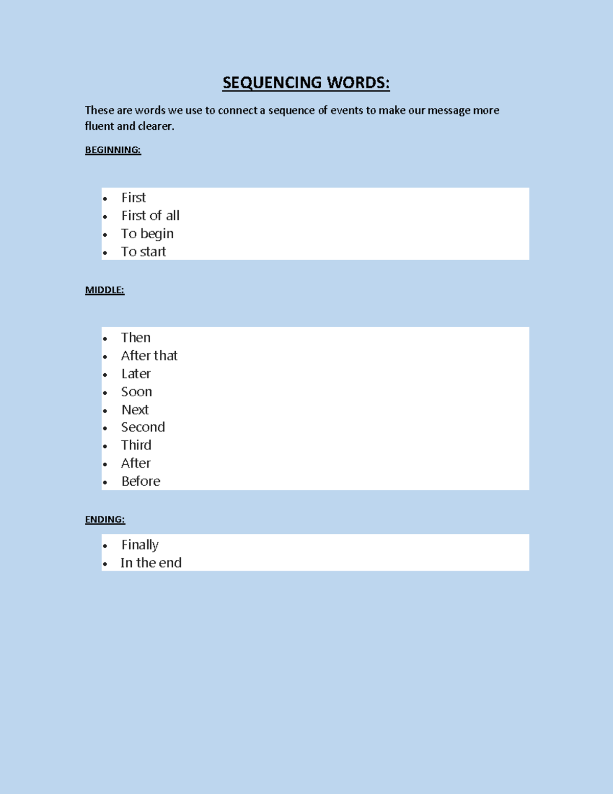 Sequencing Words - Inglés Nivel I - SEQUENCING WORDS: These are words ...