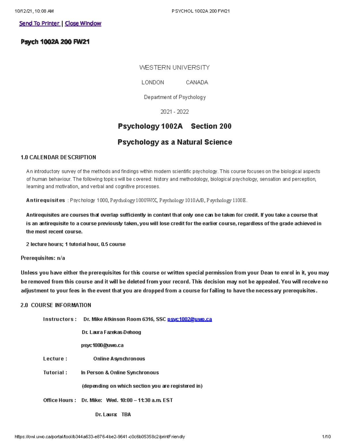 Psychology as a Natural Science - Course Outline - Fall 2021 - Send To ...