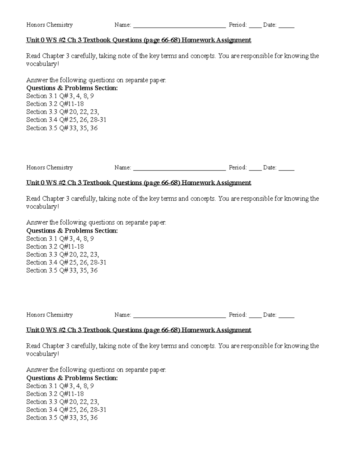 U0 WS#2 Ch 3 Matter Text Q HChem 2122 - Honors Chemistry Name