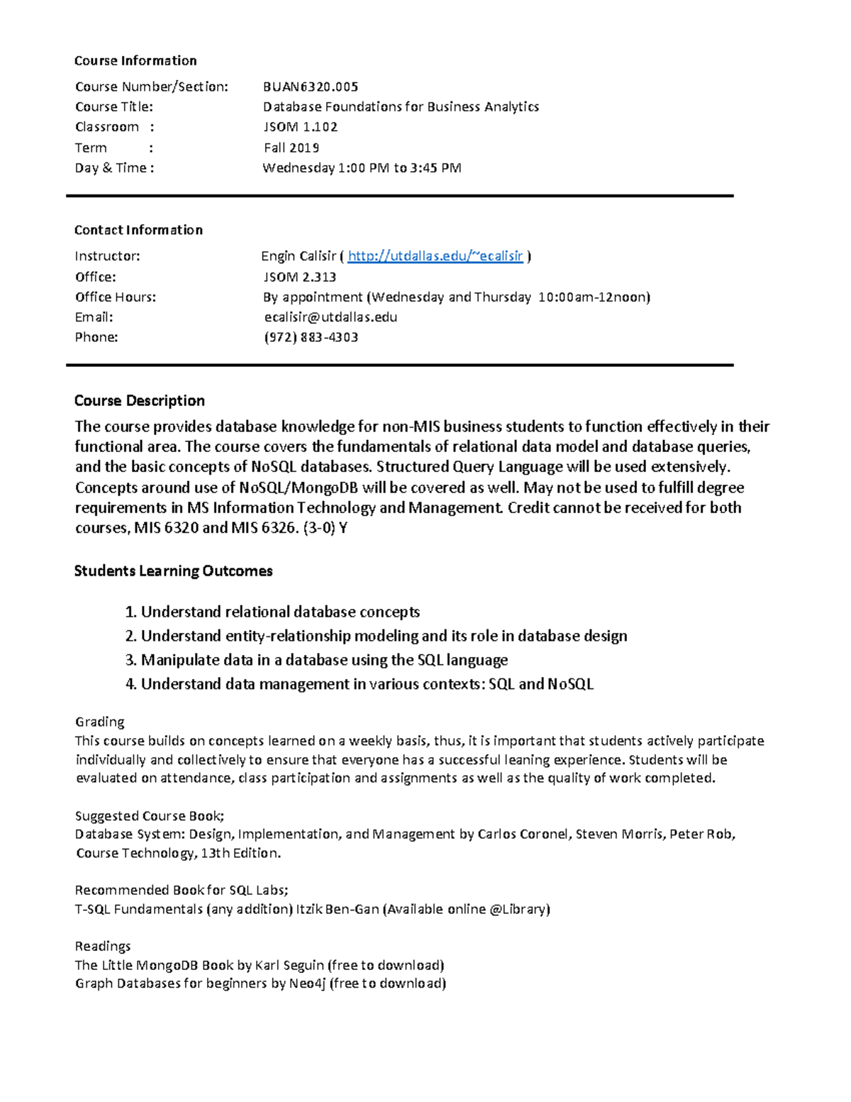 Database foundation syll - Course Information Course Number/Section ...