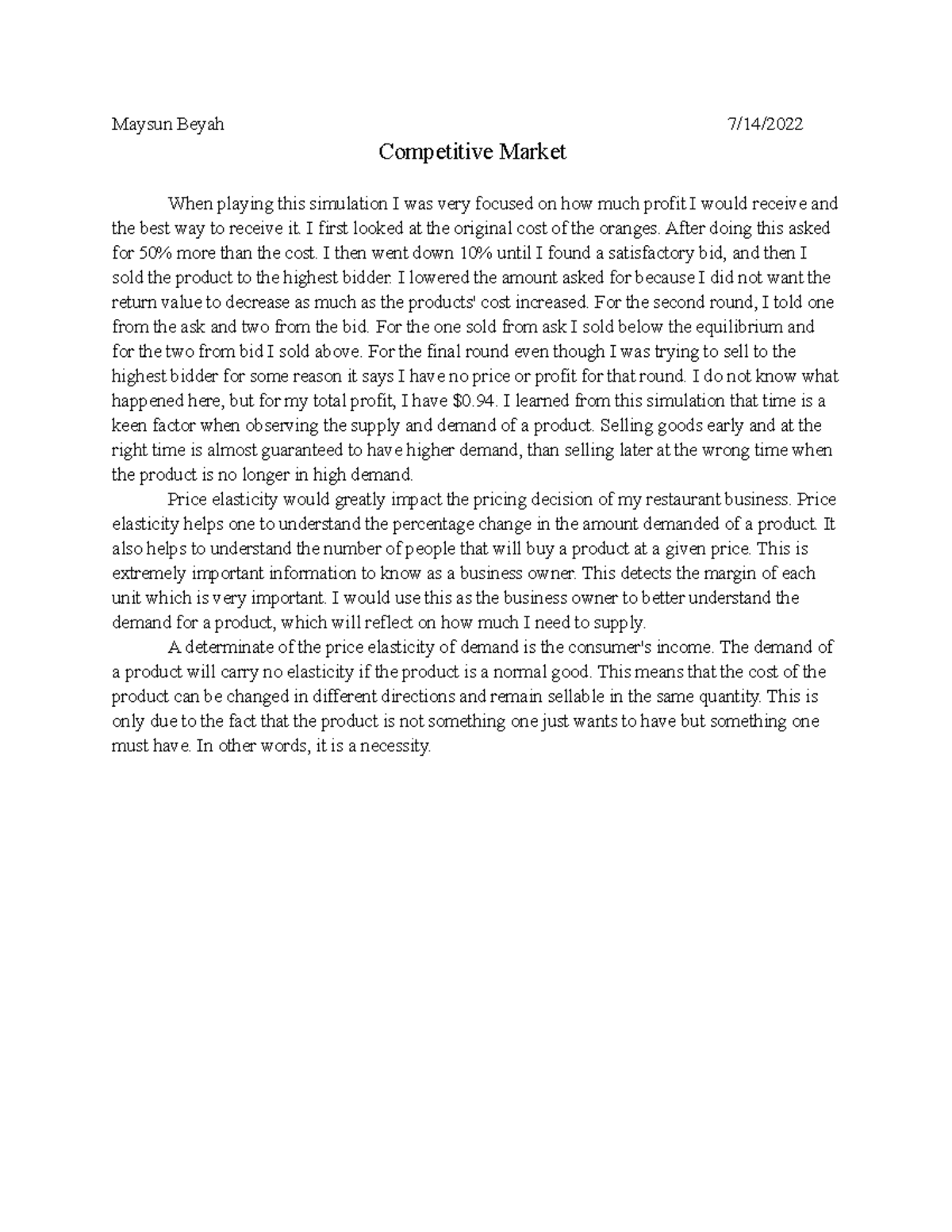 Comeptitive market - Microeconomics assignment - Maysun Beyah 7/14 ...