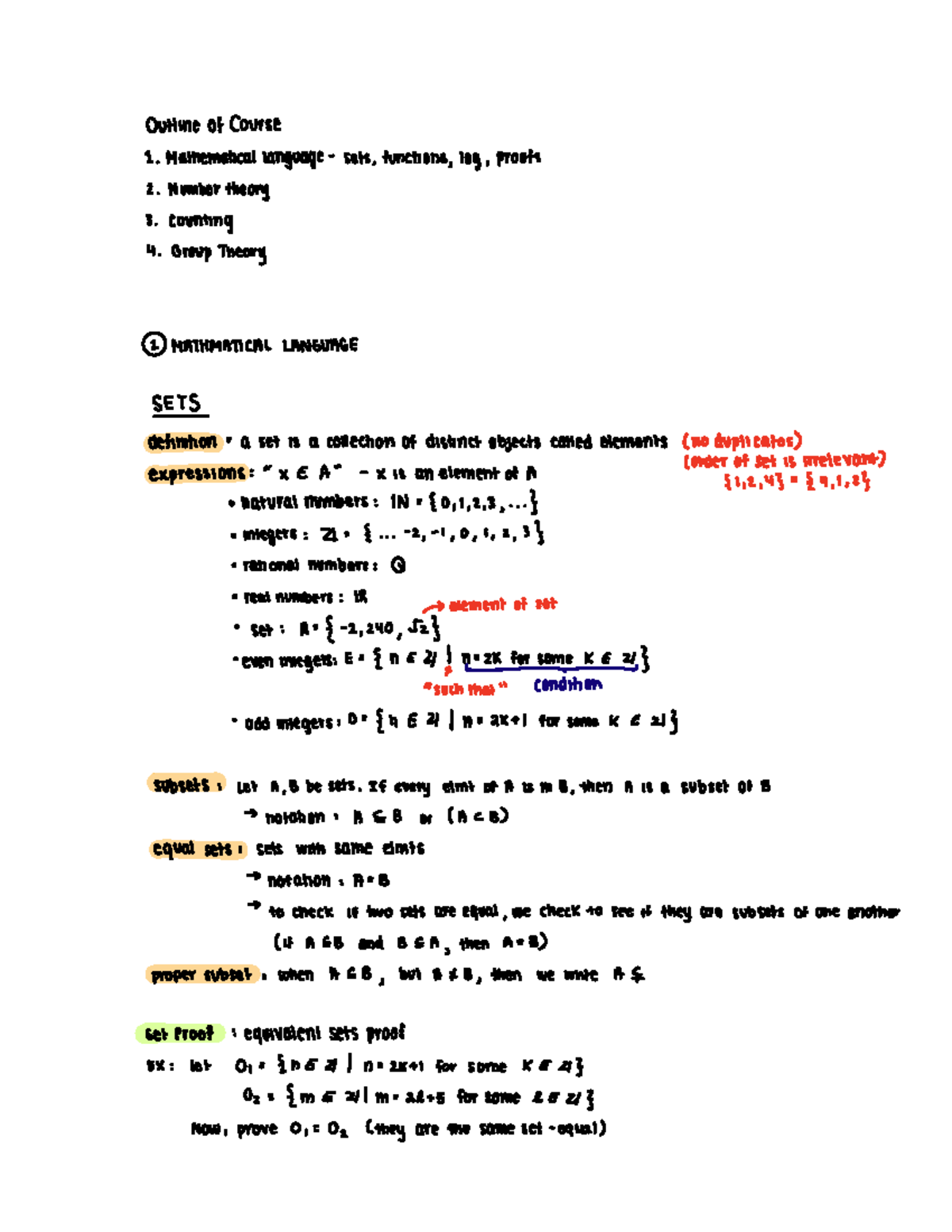 Math 240 Notes - Outline ofCourse 1 Mathematicallanguage setsfunctions ...