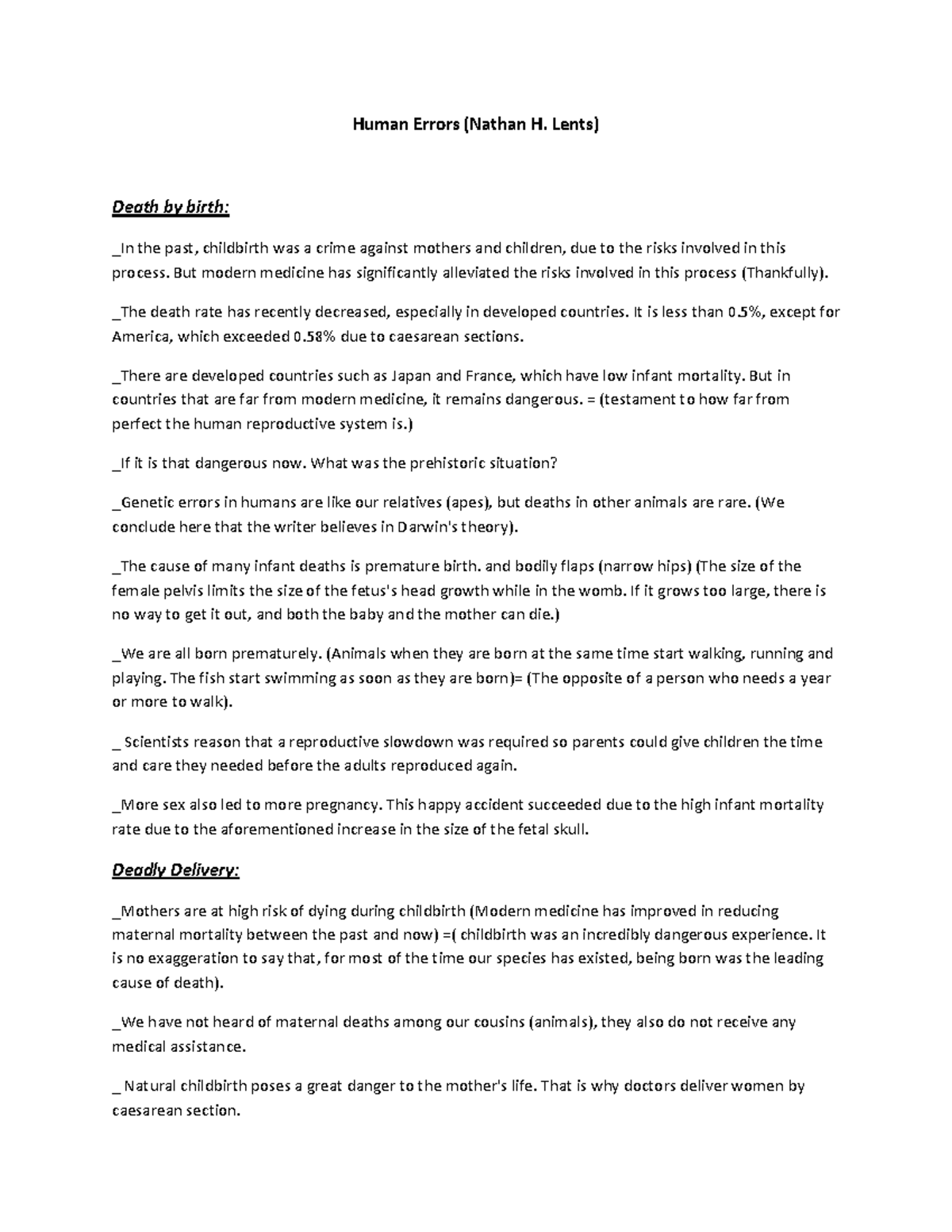 Analyse Human Errors - Human Errors (Nathan H. Lents) Death by birth ...