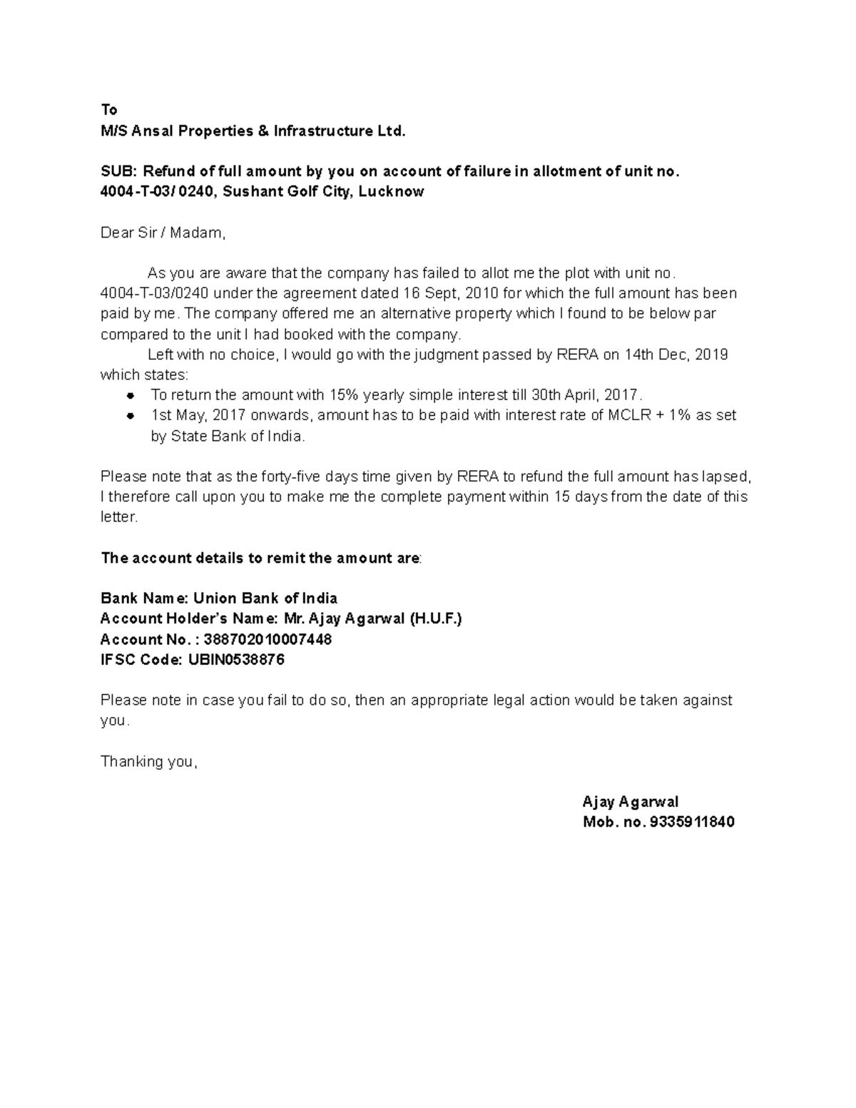 Letter to Ansal - To M/S Ansal Properties & Infrastructure Ltd. SUB ...