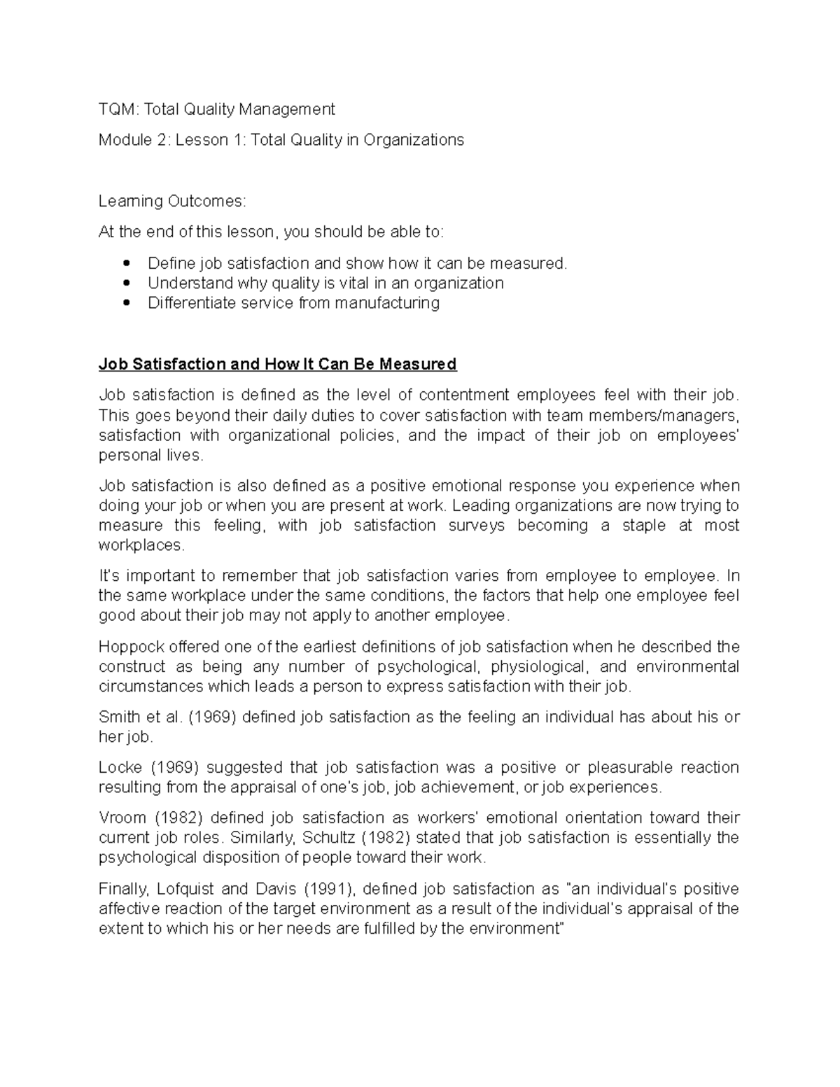 Job Satisfaction - TQM: Total Quality Management Module 2: Lesson 1 ...