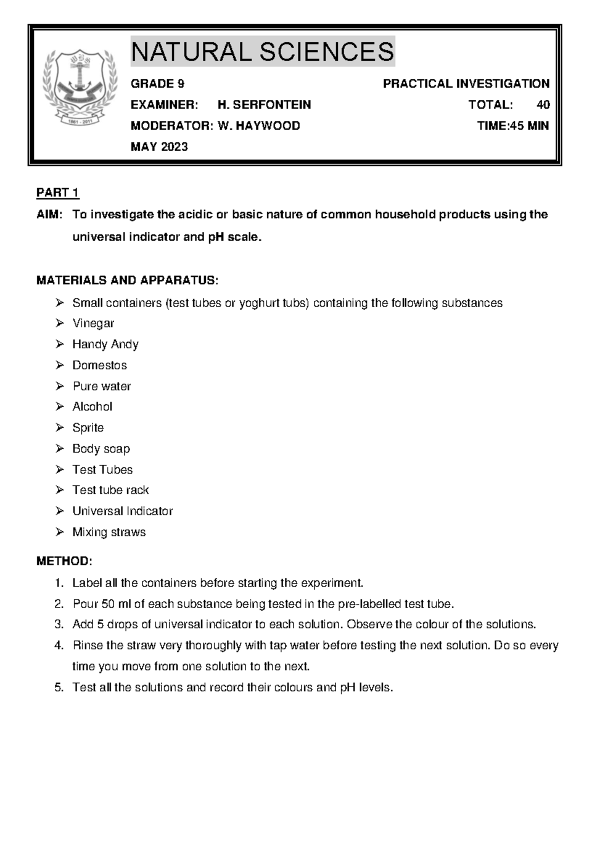 Gr9 Practical Investigation 2023 TERM 2 ENG - NATURAL SCIENCES GRADE 9 PRACTICAL INVESTIGATION ...
