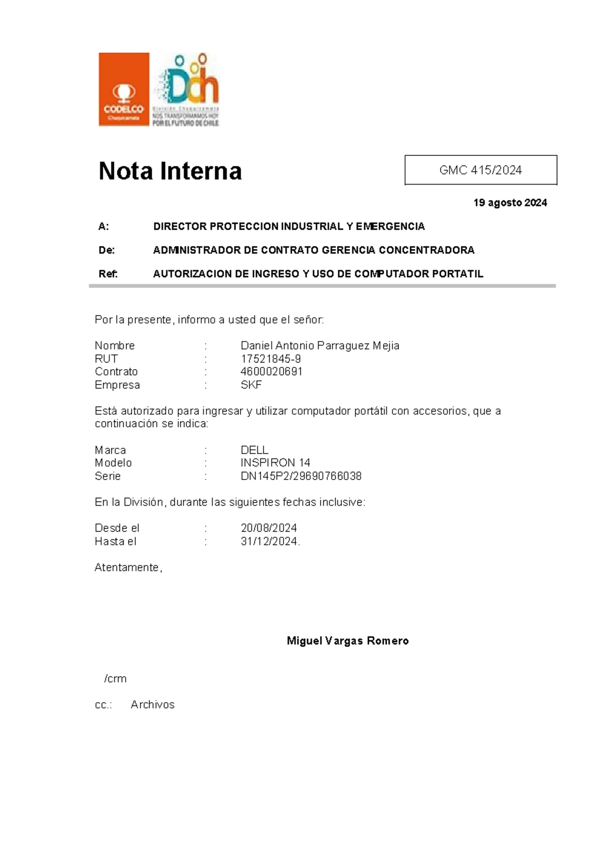 Nota Interna PC Formato Standart nuevo contrato DCH - Nota Interna GMC ...
