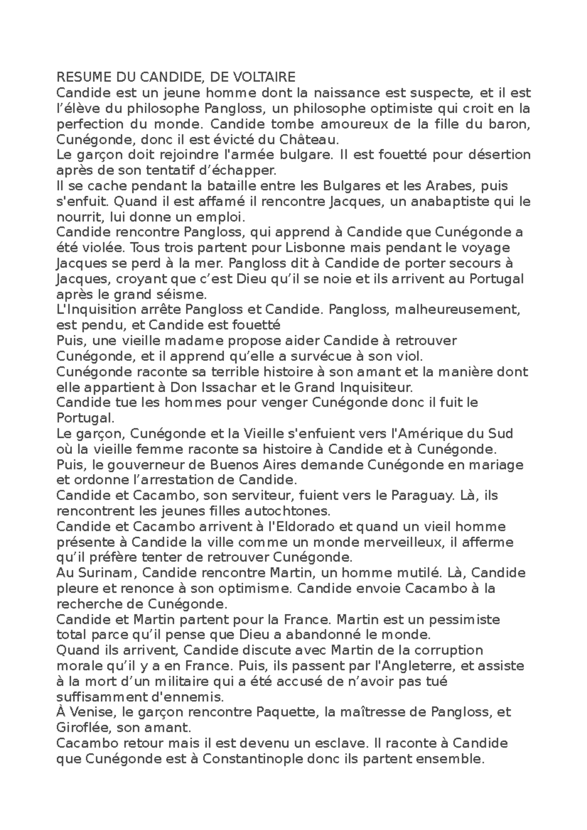 Candide, Voltaire - RESUME DU CANDIDE, DE VOLTAIRE Candide est un jeune ...
