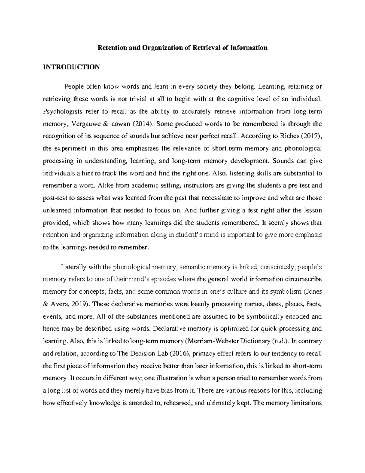 Molina-Expe #2 - Assignment - Retention and Organization of Retrieval ...