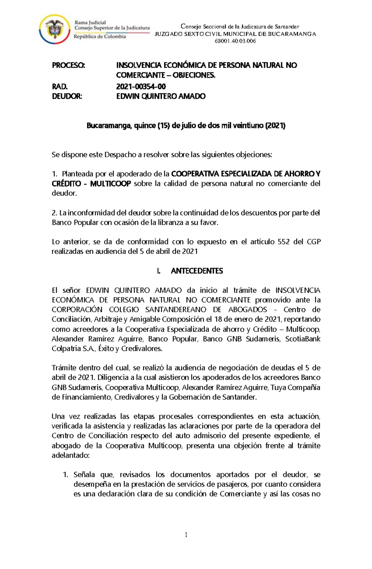 2021-00354 Objecion - Persona Natural NO Comerciante - JUZGADO SEXTO CIVIL MUNICIPAL DE ...