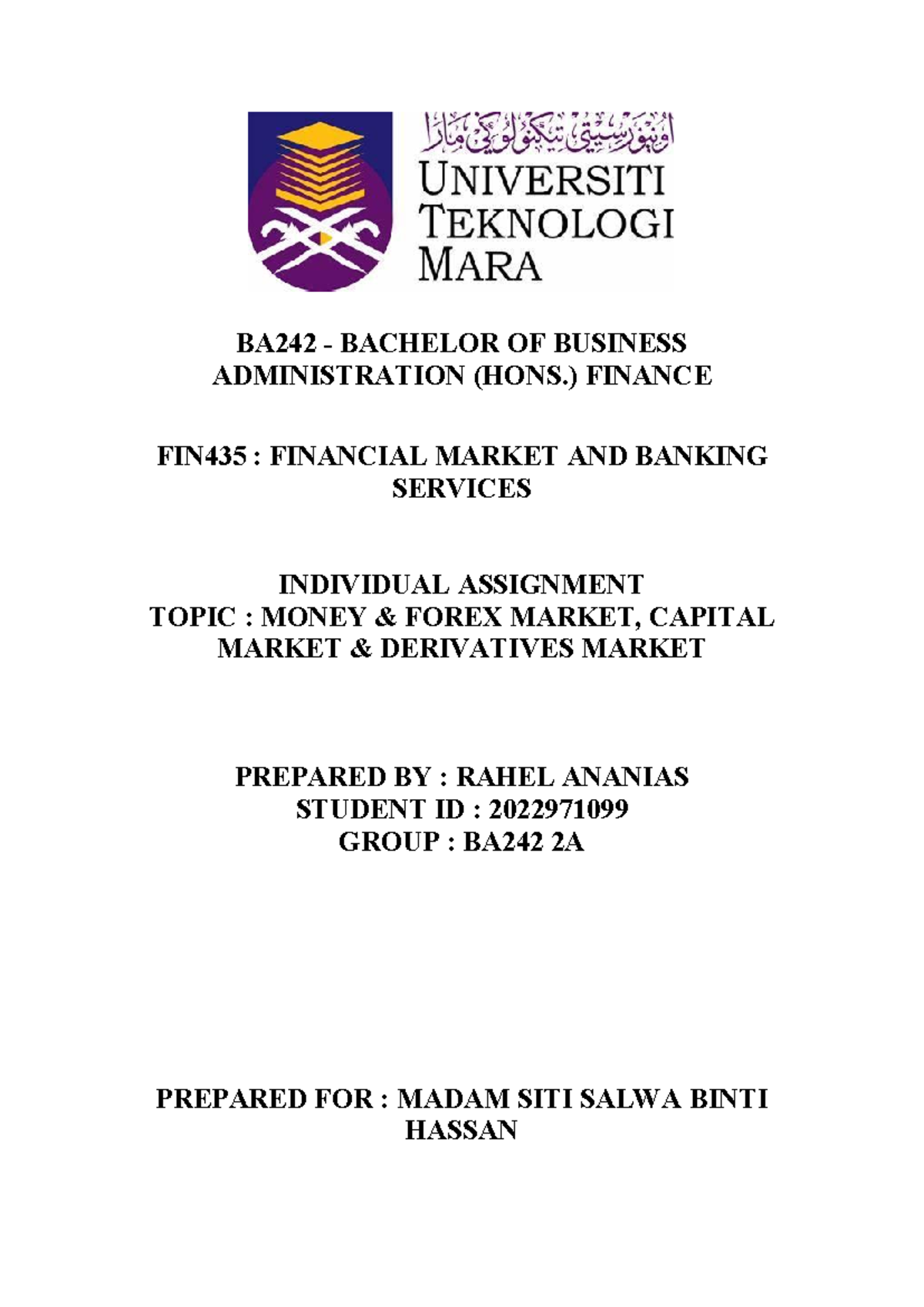FIN435 Individual Assignment - BA242 - BACHELOR OF BUSINESS ADMINISTRATION (HONS.) FINANCE FIN ...