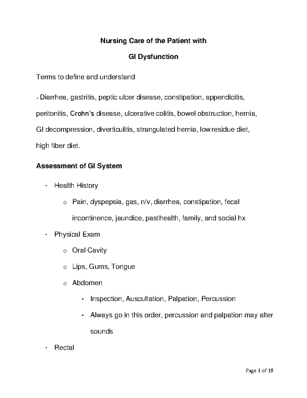 Medsurg Nursing Care of the Patient with GI Dysfunction Study Guide ...