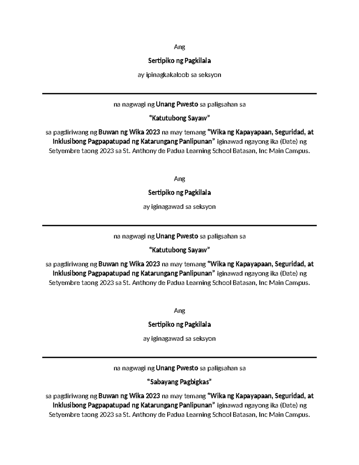 Sertipiko(Nilalaman) - Ang Sertipiko ng Pagkilala ay ipinagkakaloob sa ...