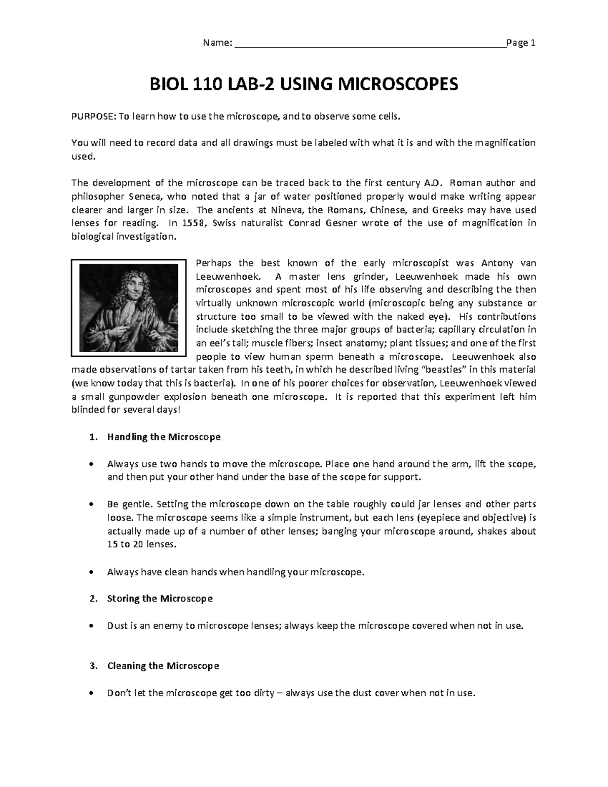 BIOL 110 Introduction to Microscopy - BIOL 110 LAB-2 USING MICROSCOPES ...