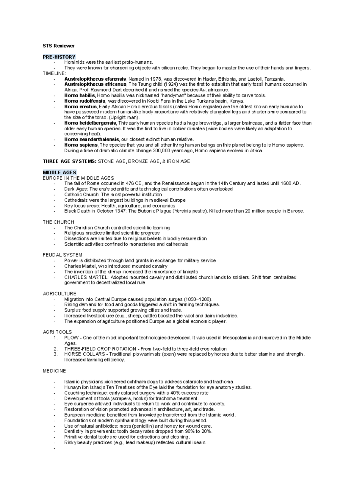 STS reviewer - STS Reviewer PRE-HISTORY - Hominids were the earliest ...