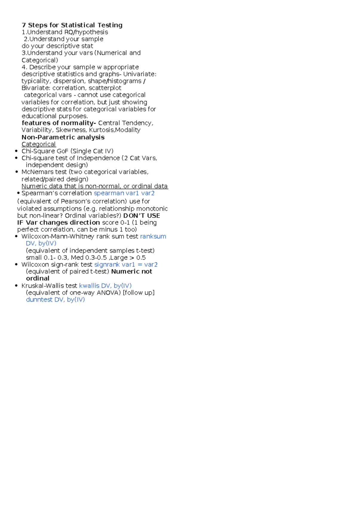 Exam Aid Non Parametric 7 Steps For Statistical Testing 1 Rq Hypothesis 2 Your Sample Do Your
