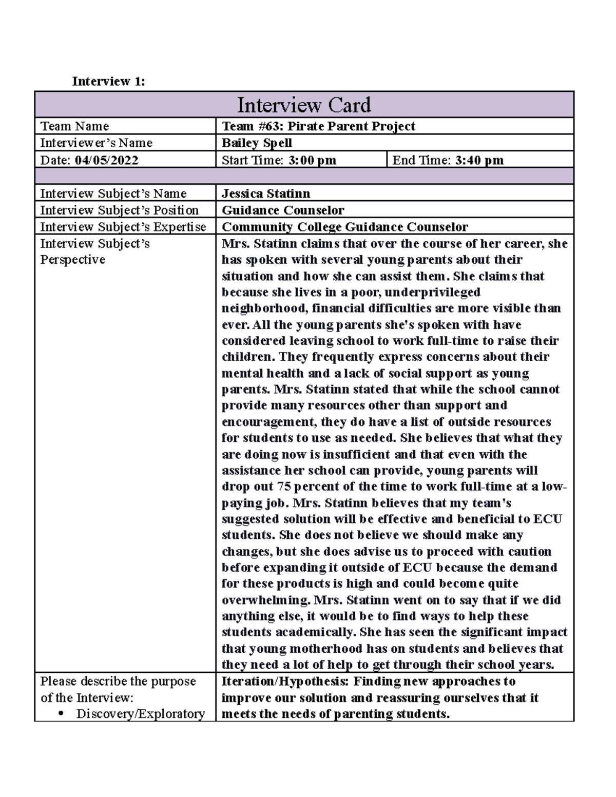 Interview Challenge #3 - Interview 1: Interview Card Team Name Team #63 ...