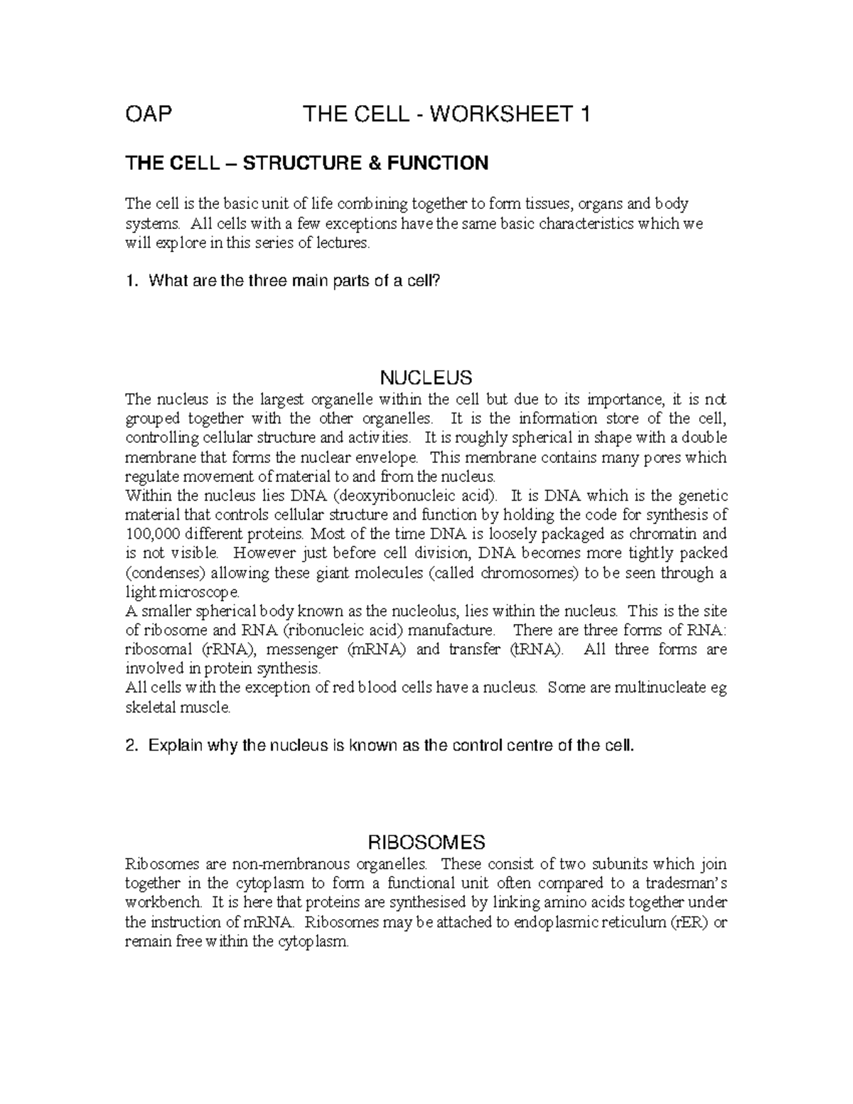 OAP Worksheet 1 - OAP THE CELL - WORKSHEET 1 THE CELL – STRUCTURE ...