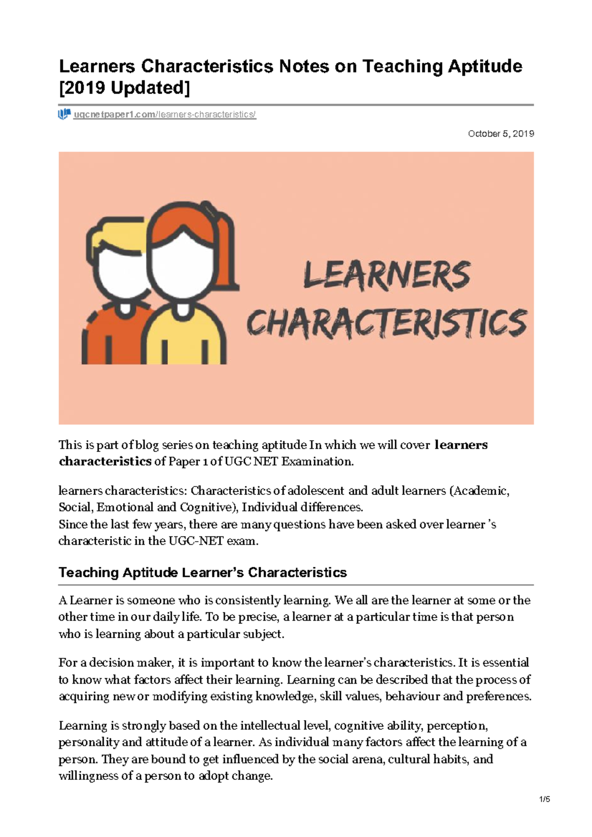 Teaching Aptitude Study Notes Part 2 - October 5, 2019 Learners ...
