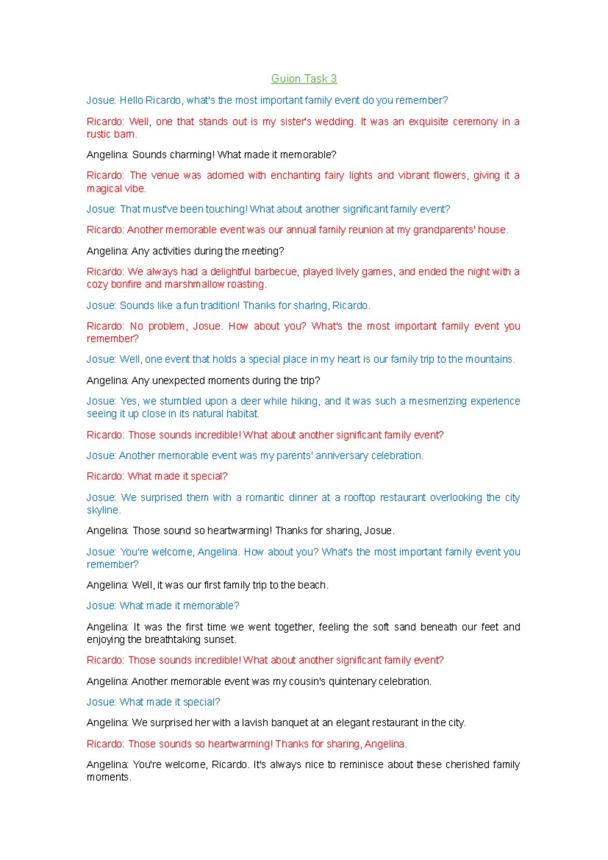 Guion Task 3 - ......................... - Guion Task 3 Josue: Hello Ricardo, what's the most ...