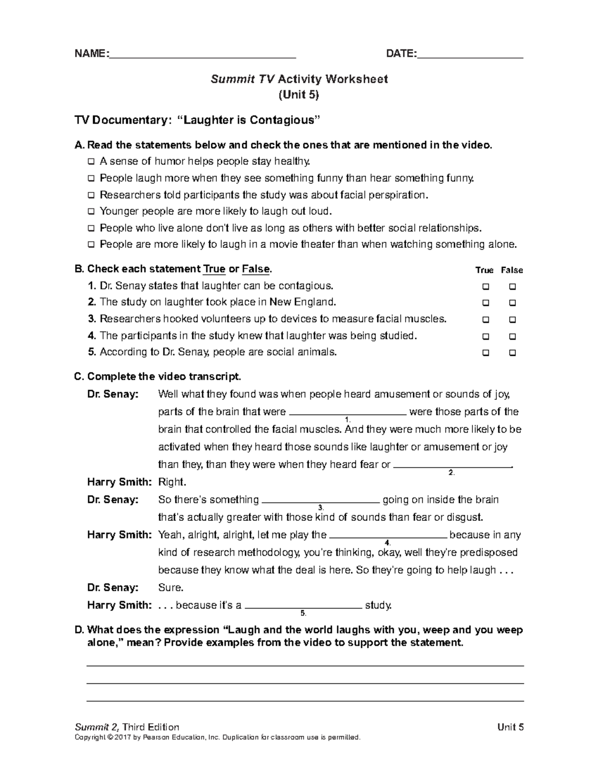 Unit 5 Video Worksheet - asd - Copyright © 2017 by Pearson Education ...