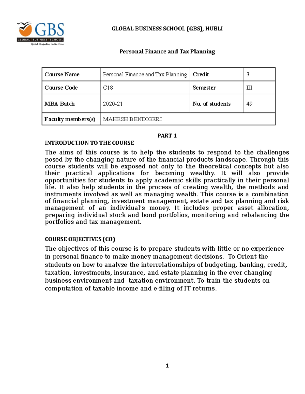 3. Course outline of PFPT - GLOBAL BUSINESS SCHOOL (GBS), HUBLI ...