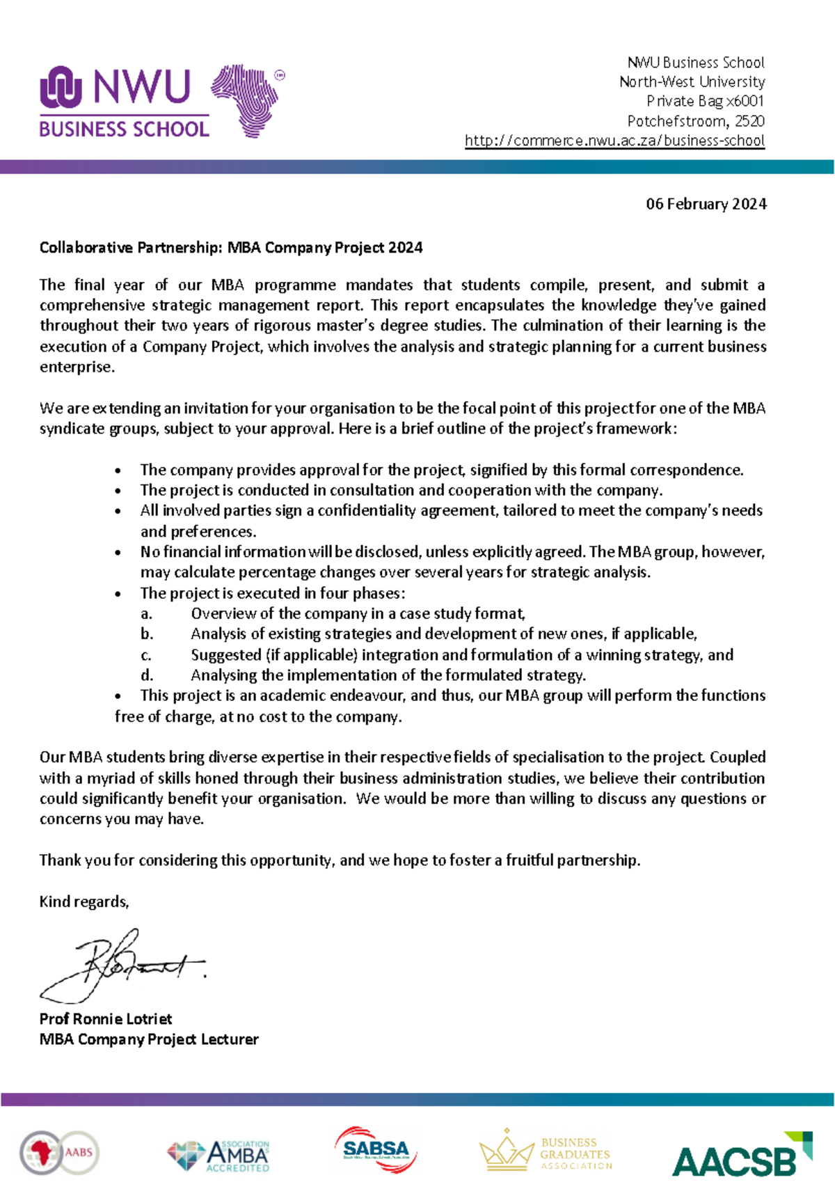 Letter to Students - Company Project - NWU Business School North-West ...