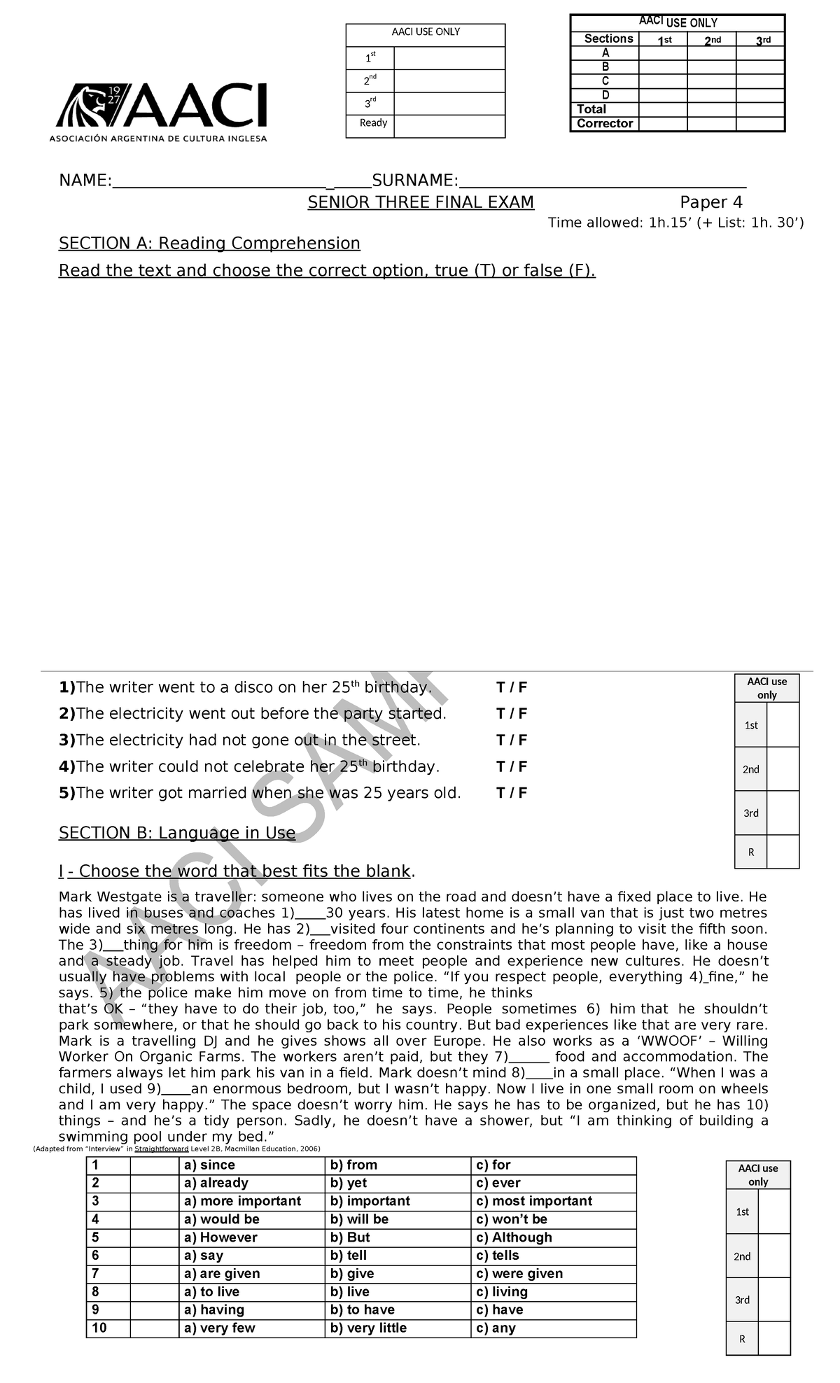 Senior-3-Practice - AACI use only 1st 2nd 3rd R 1 a) since b) from c ...