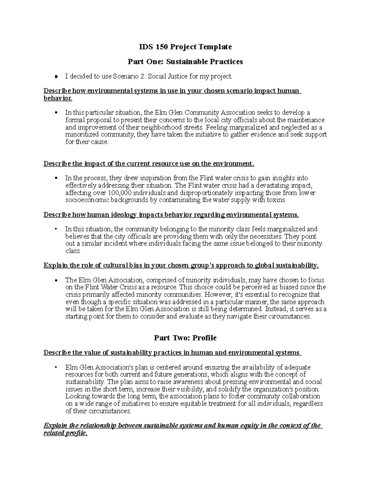 IDS 150 3-2 assignment - got an A - IDS 150 Project Template Part One: Sustainable Practices • I ...
