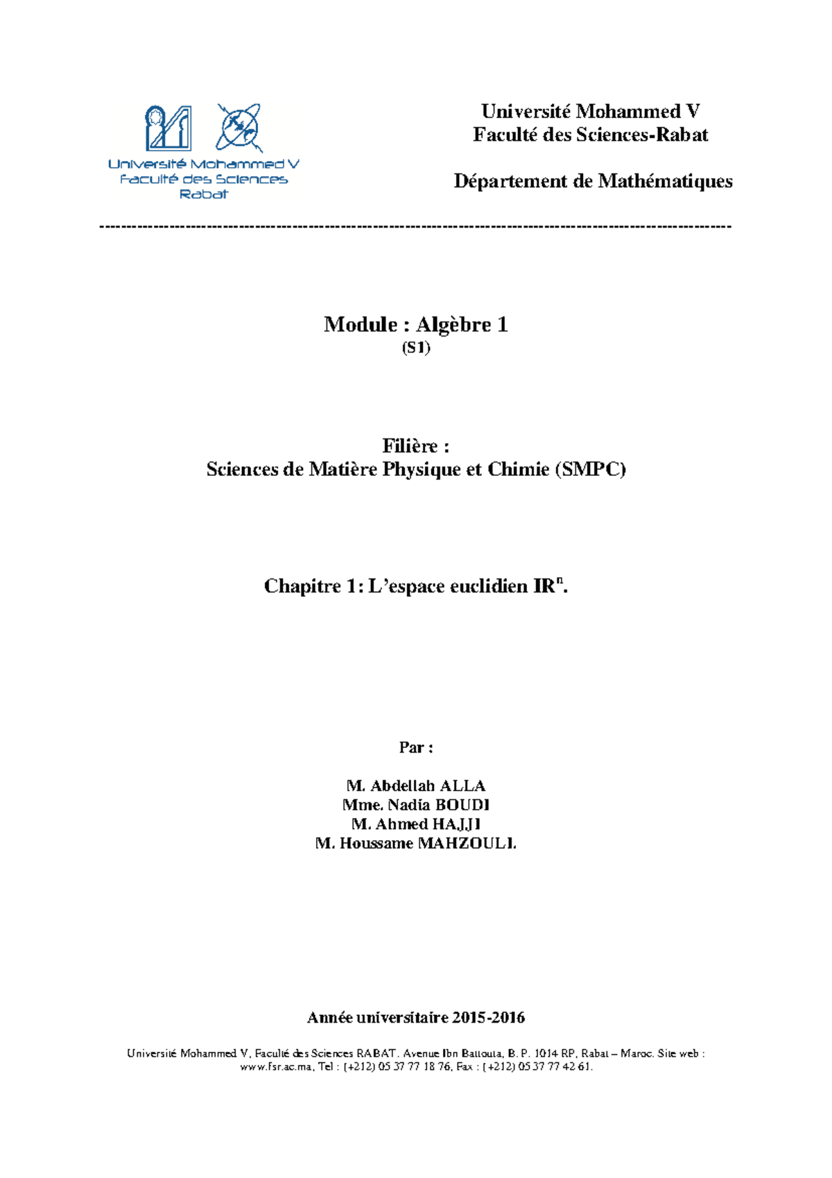 Chapitre 1 d'informatique - Université Mohammed V Faculté des Sciences ...