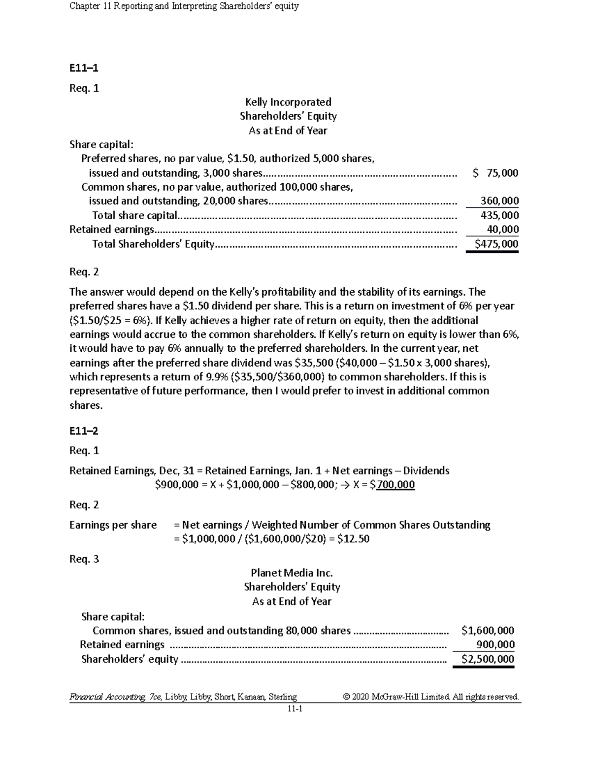 Chapter 11 - Reporting and Interpreting Shareholders Equity - E11– Req. 1 Kelly Incorporated ...