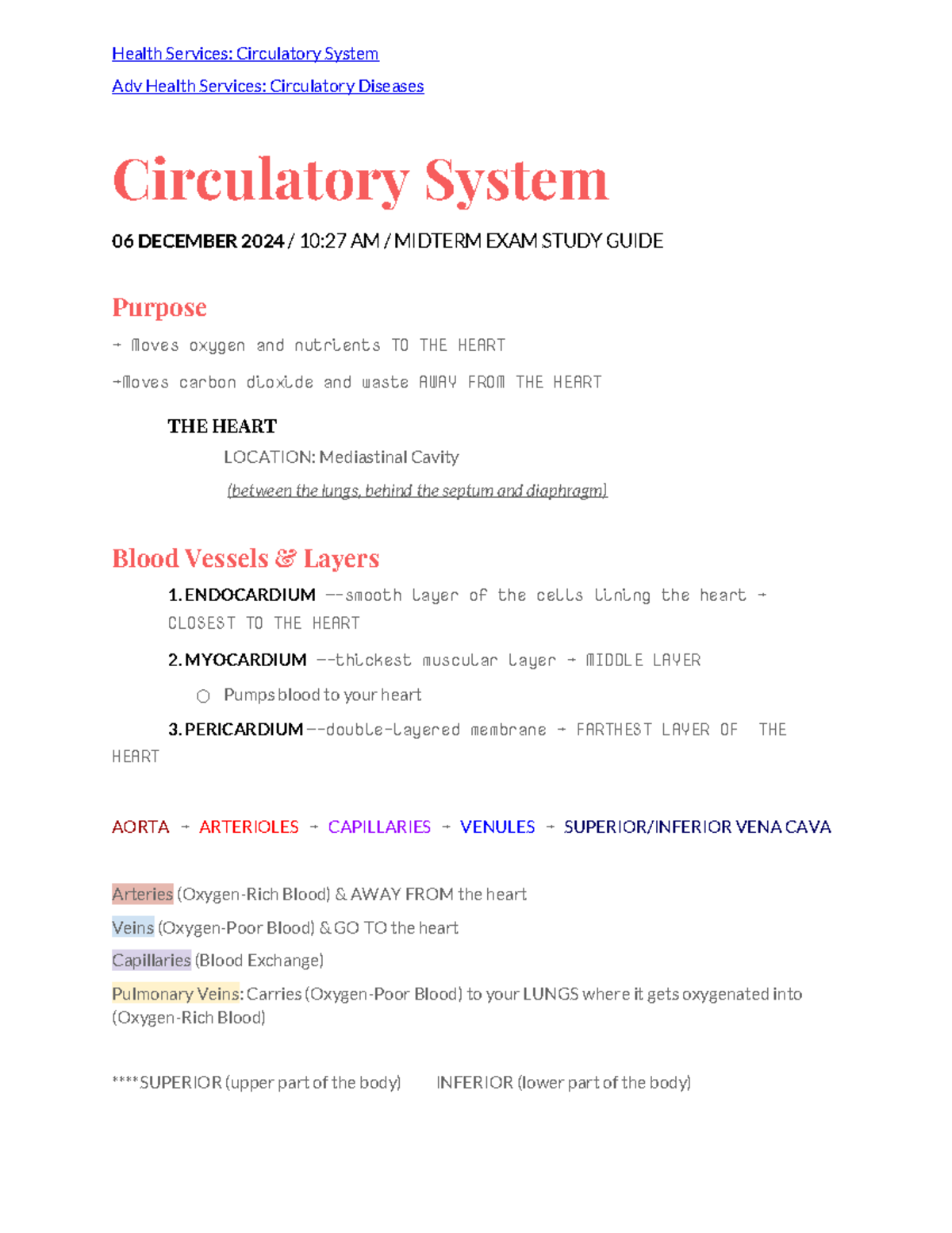 Circulatory System Study Guide - Health Services: Circulatory System ...