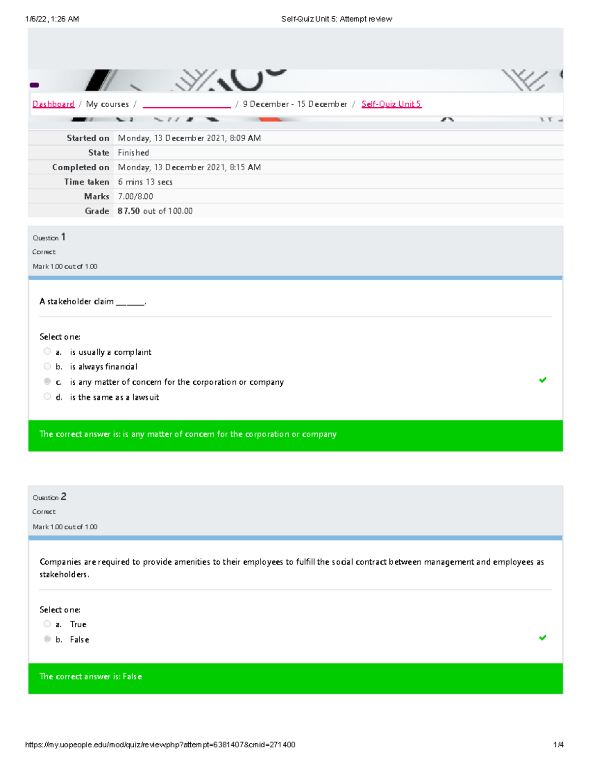 Self-Quiz Unit 5 Attempt review - Started on Monday, 13 December 2021, 8:09 AM State Finished ...