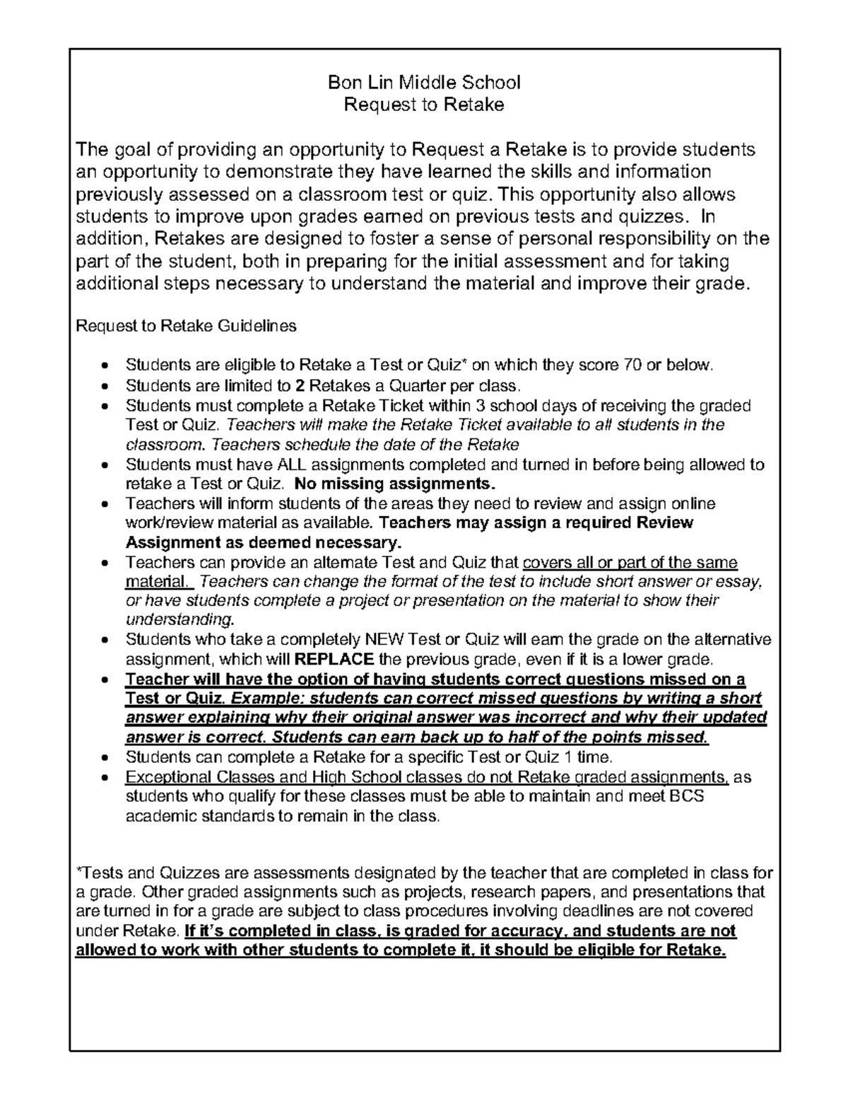 Request to Retake Guidelines Updated-1 - Bon Lin Middle School Request ...