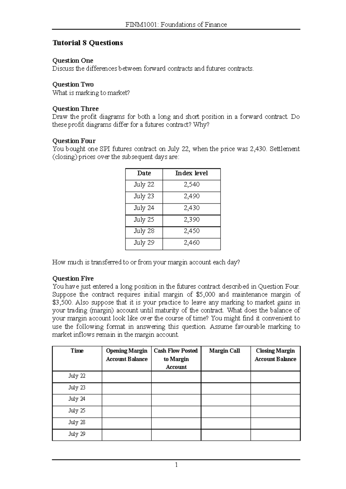 Tutorial 8 Questions - FINM1001: Foundations of Finance Tutorial 8 ...