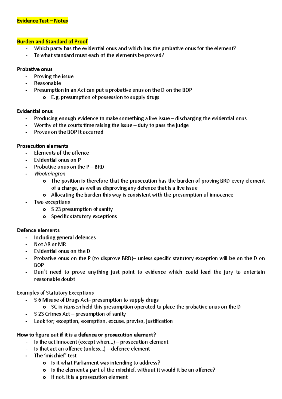 Evidence Test - Notes - Evidence Test – Notes Burden and Standard of ...