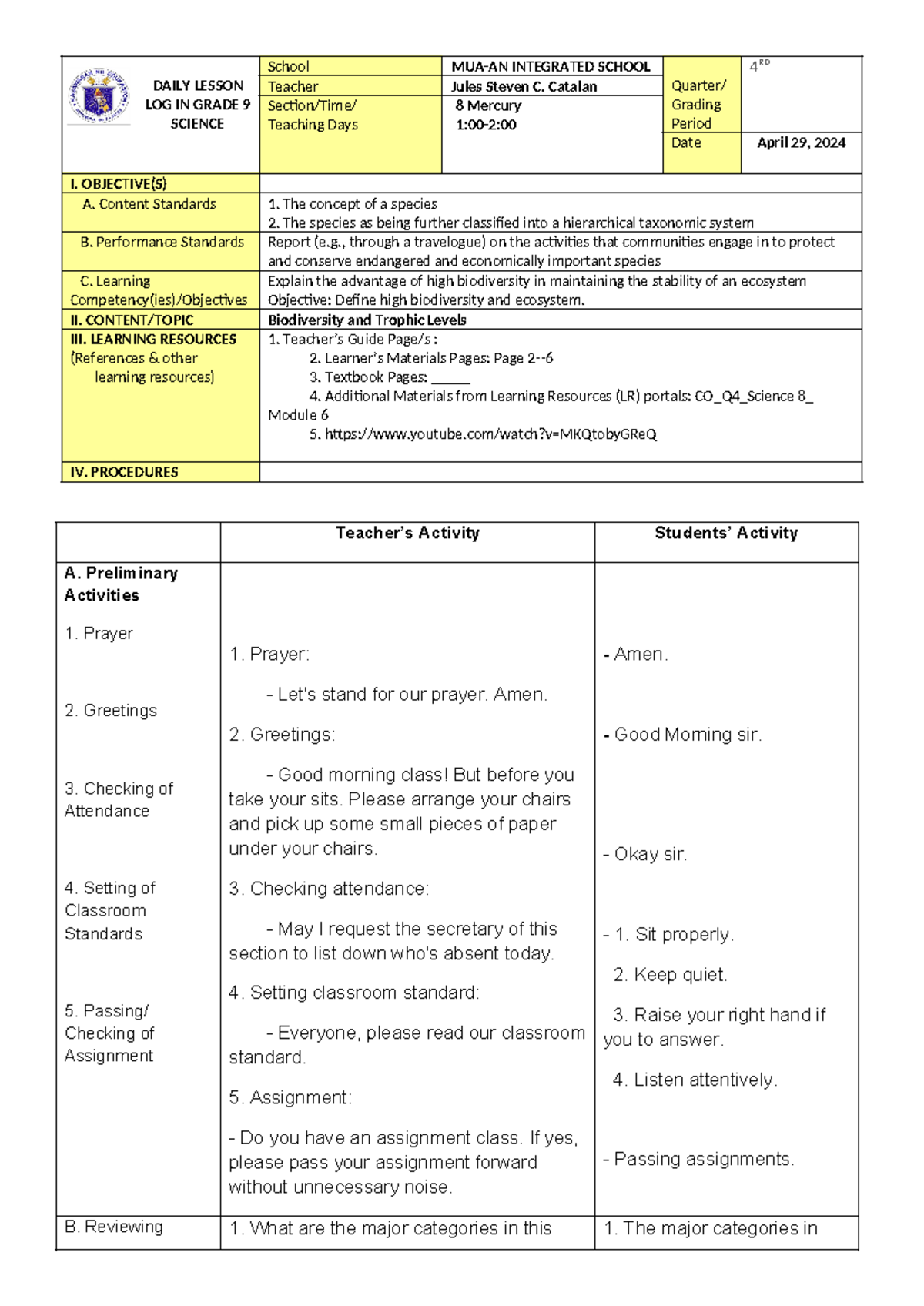 DLL Science 8 High and Low biodiversity - DAILY LESSON LOG IN GRADE 9 ...